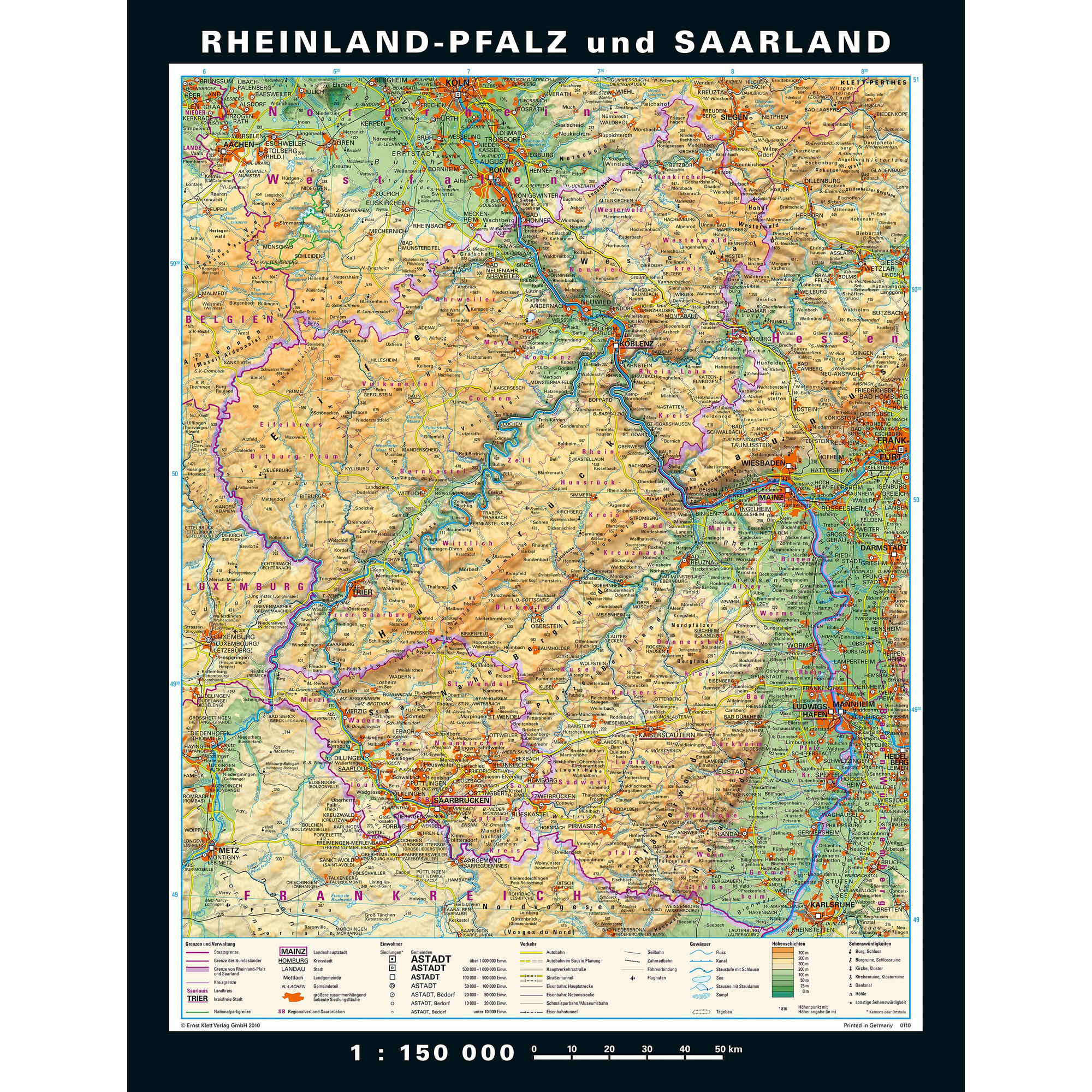 PONS Regional-Karte Rheinland-Pfalz und Saarland physisch/politisch ...